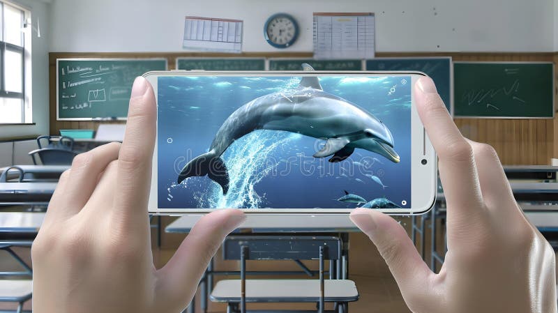 Hands Holding Smartphone Displaying Dolphin in Classroom Generative AI ...