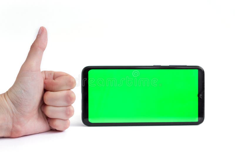 A Smartphone In A Horizontal Position With A Green Screen On A White
