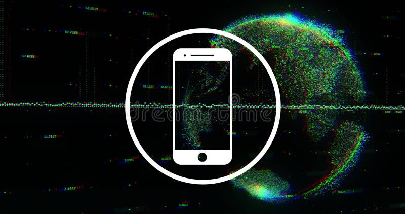 Smartphone Icon Image Over Digital Globe with Data Points and Glitch ...