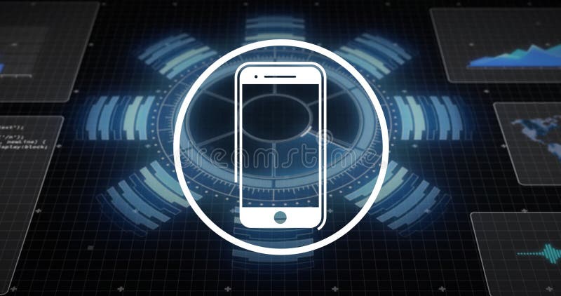 Smartphone Icon Over Futuristic Digital Interface with Data Charts ...