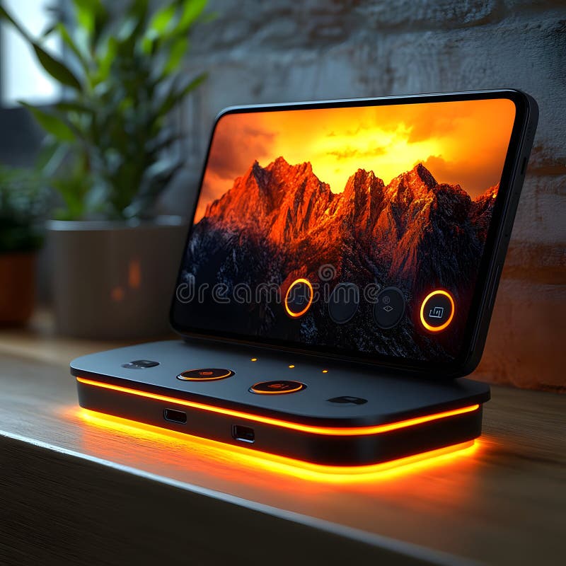 Smartphone with Illuminated Base Showing Mountain Landscape on Screen ...
