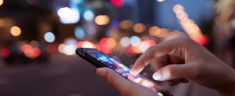 The Smartphone Illuminated by Vibrant Urban Lights during a Night Scene ...