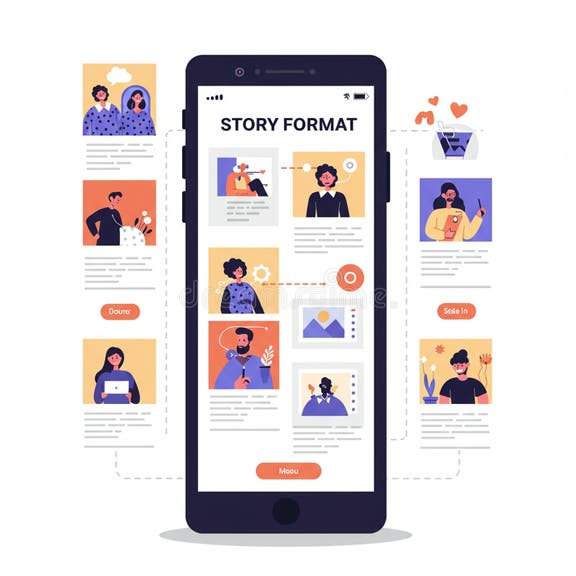 Smartphone Interface Displaying a "Story Format" with Illustrated ...