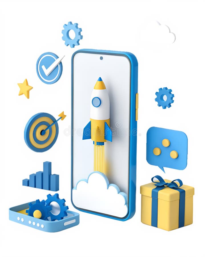Smartphone Launching Rocket with Business and Tech Icons Stock ...
