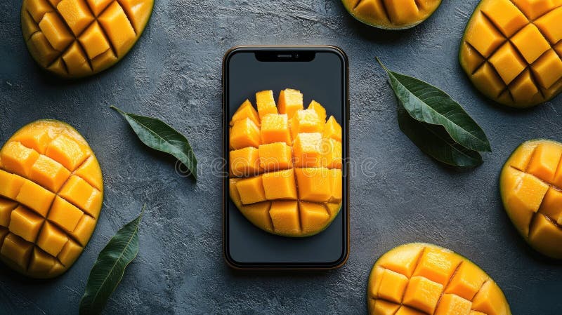 A Smartphone Lays Flat on a Gray Background Surrounded by Sliced Mango ...