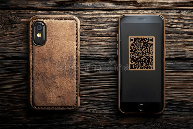 Smartphone with a Leather Case and a QR Code on the Screen, Placed on a ...