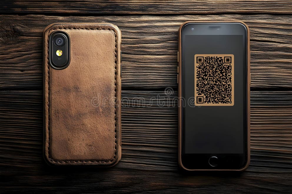 Smartphone with a Leather Case and a QR Code on the Screen, Placed on a ...