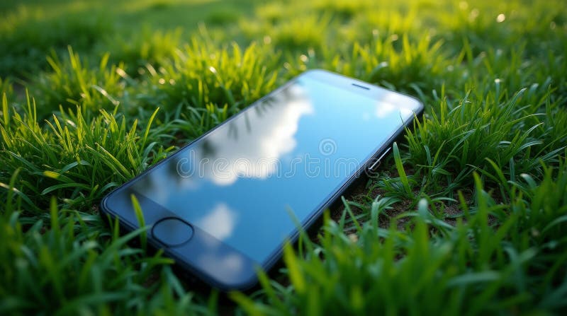 Smartphone Lying on Grass with Screen Reflecting Sky and Clouds ...