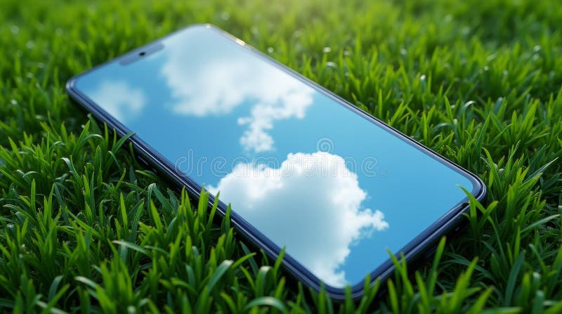 Smartphone Lying on Green Grass Reflecting Blue Sky and Clouds on ...