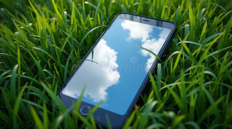 Smartphone Lying on Green Grass Reflecting Blue Sky and Clouds on ...