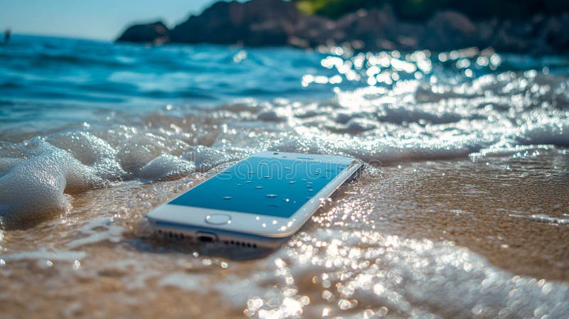 A Smartphone Lying on a Sandy Beach, Washed by Sea Waves. Drops of ...