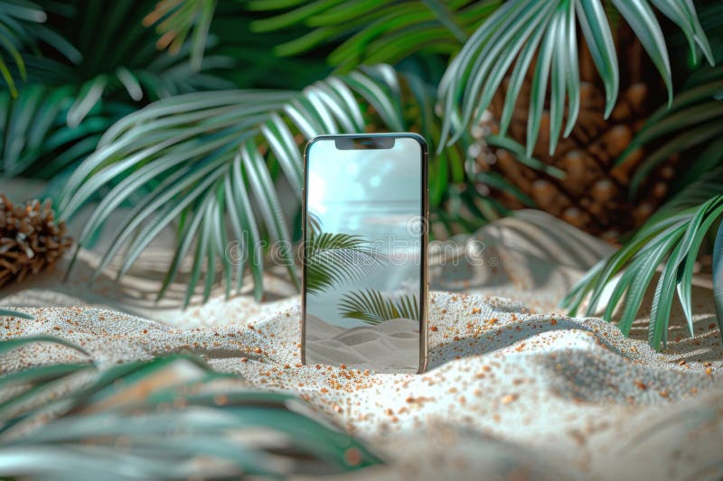 A Smartphone is Lying in a Sandy Tropical Setting, with Palm Leaves ...