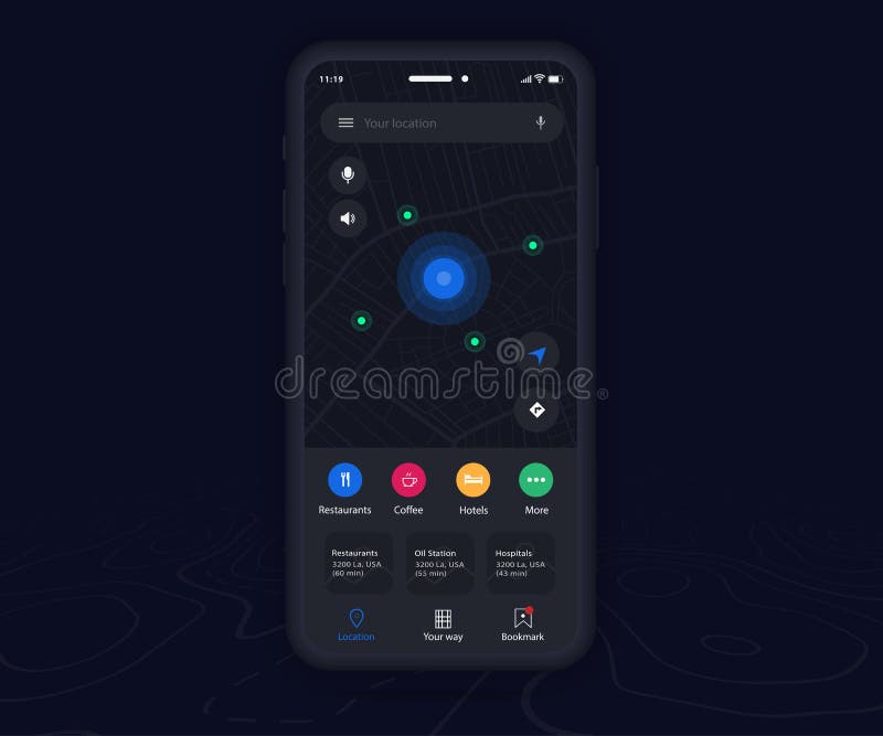 Map GPS Navigation App Dark Mode Ux Ui on Smartphone Concept, Mobile Map Application, App Search ...