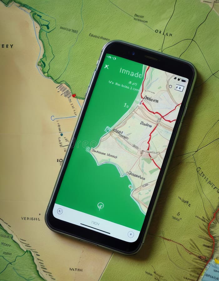 Smartphone Map on Terrain Background Stock Image - Image of green ...