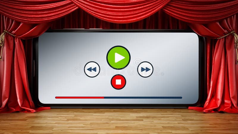 Smartphone with Media Control Icons at the Stage among Red Curtains. 3D ...