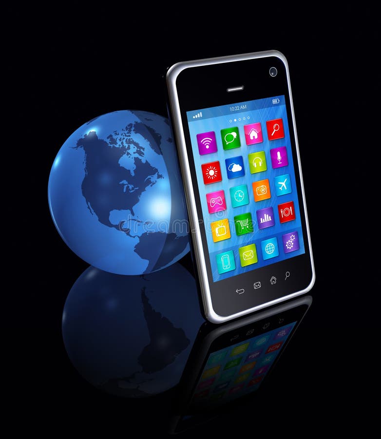 Smartphone Mit Apps Ikonen Und Weltkugel Stock Abbildung - Illustration ...