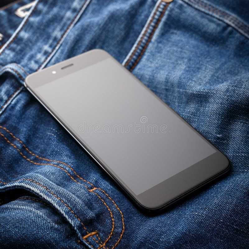 Smartphone Mobile on Blue Jeans Pocket with Black Screen Stock Photo ...