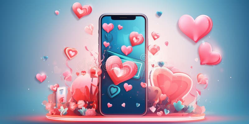 Smartphone or Mobile with Heart Love Icons Around, Technology Concept ...