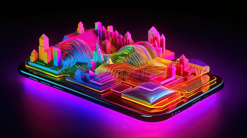 Smartphone Mobile Screen, Neon Technology Mobile Display Projected into ...