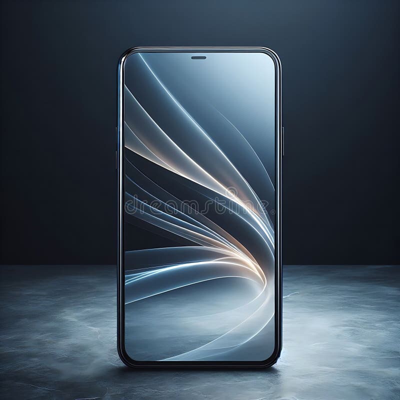 Smartphone Mockup with Abstract Neon Waves on Screen Standing on Dark ...