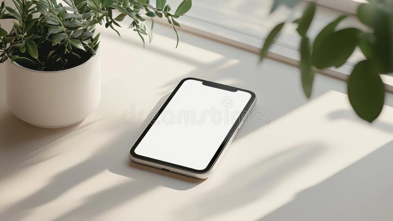 Smartphone Mockup, Blank Screen with Sunlit Shadows and Plant Stock ...