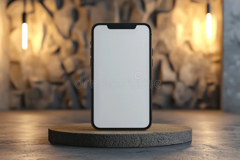 Smartphone Mockup with Blank Screen on Wooden Platform, Warm Ambient ...