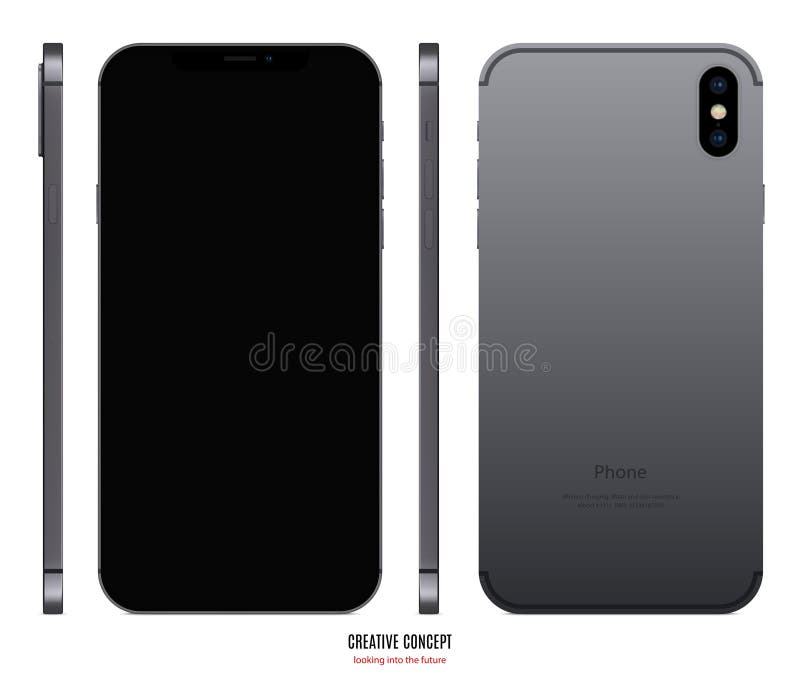 Smartphone Mockup in Grey Color with Black Screen View Front, Back and ...