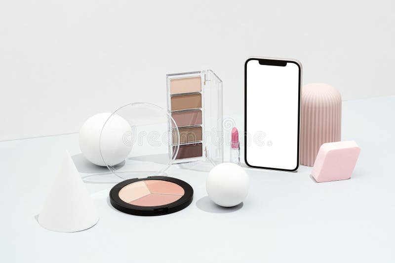 Smartphone Mockup with Makeup, Cosmetics and Geometric Objects Flat Lay ...