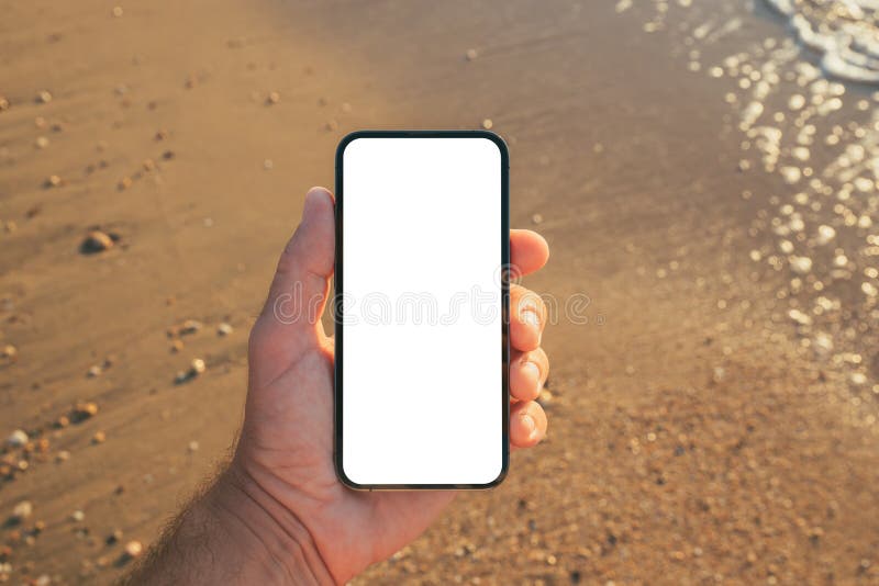 Smartphone Mockup at Seaside, Man Using Mobile Phone on Sandy Beach ...