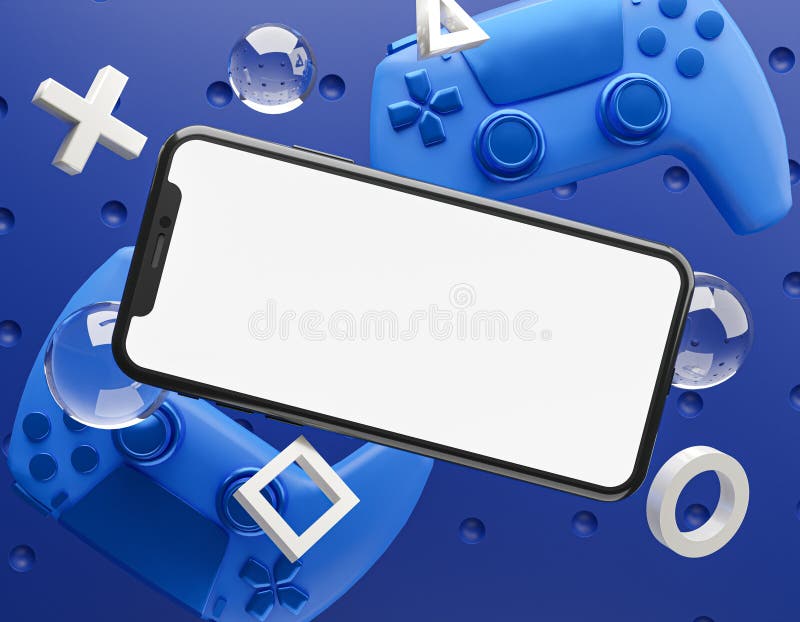 Smartphone Mockup Template Blue Gamepad Console Background 3D Rendering ...