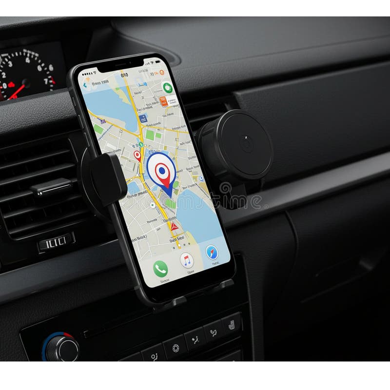 Smartphone Mounted on a Car Dashboard Displaying a Navigation App with ...