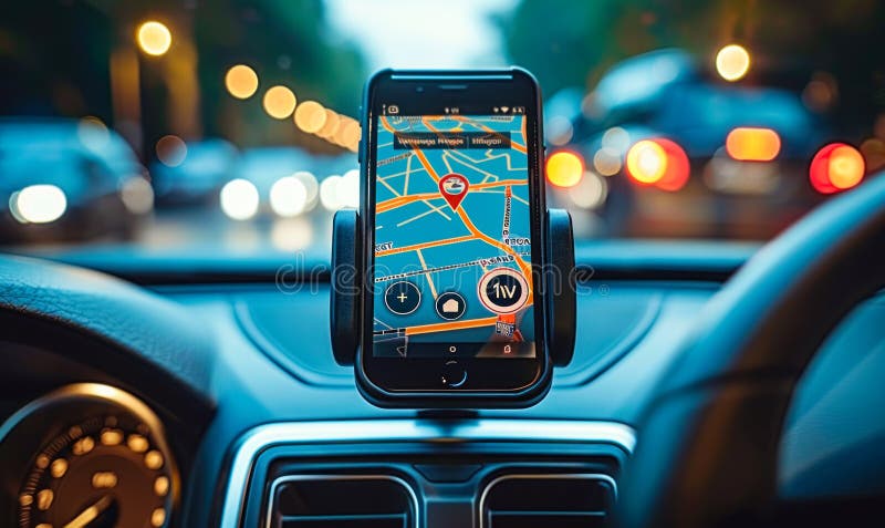 Smartphone Mounted on a Car Dashboard Displaying a Navigation Map ...