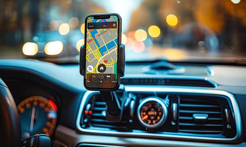 Smartphone Mounted on a Car Dashboard Displaying a Navigation Map ...