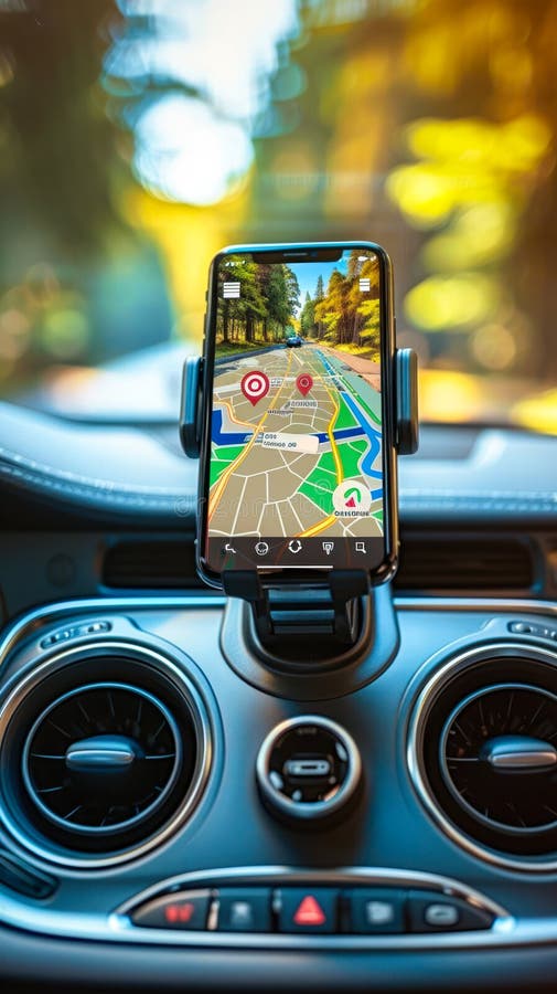 Smartphone Mounted on a Car Dashboard Displaying a Navigation Map ...