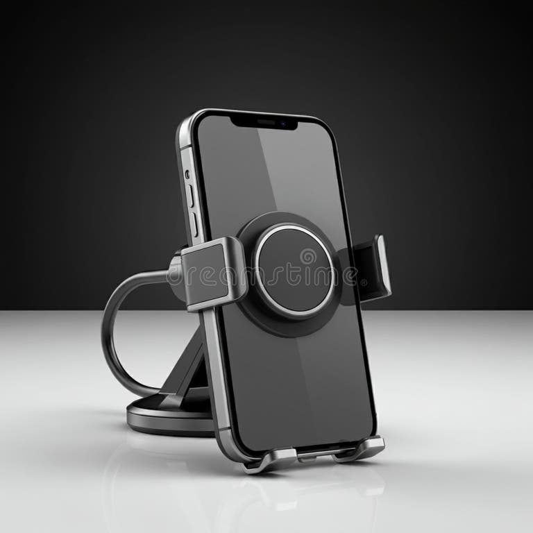 Smartphone Mounted on a Sleek, Metallic Stand with a Circular Grip ...