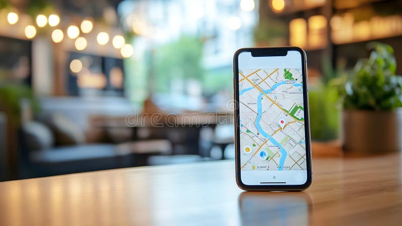 Smartphone with Navigation Map on Screen Standing on Wooden Table in ...