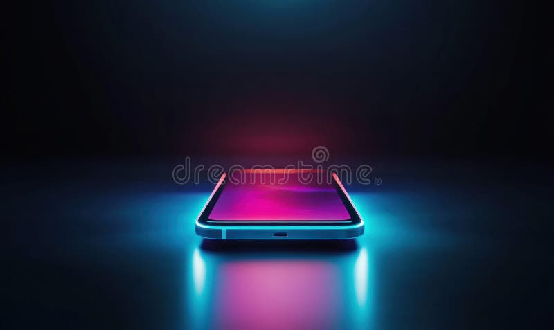 Smartphone with Neon Glow on Dark Reflective Surface Stock Illustration ...