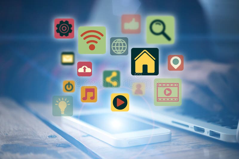 Smartphone with Network and Communication Flat Icons. Technology Stock ...