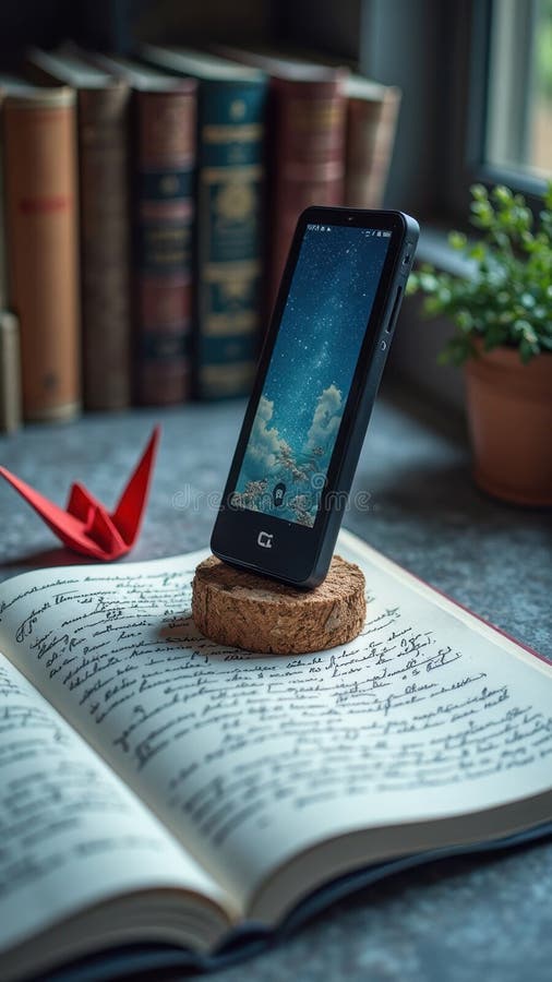 Smartphone with Night Sky Wallpaper on Open Book with Writing and ...