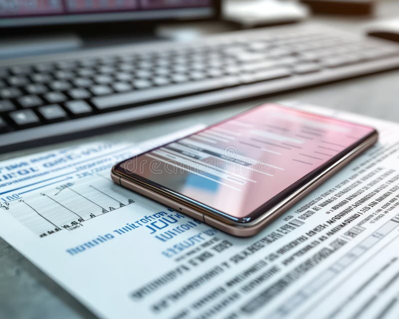 Smartphone on Office Desk Next To a Desktop Keyboard and Financial ...