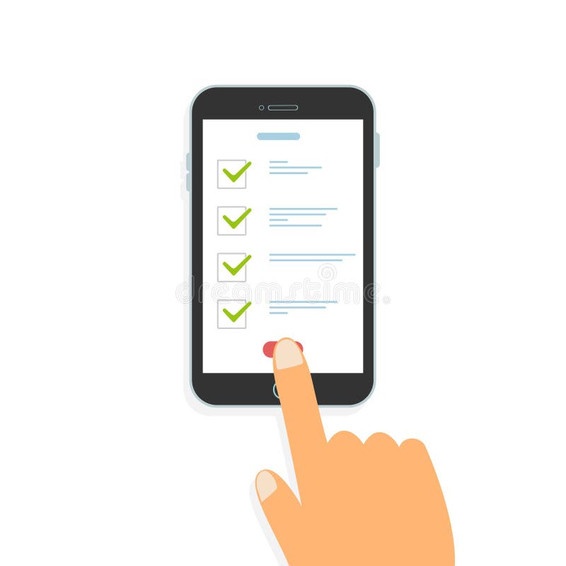 Smartphone and One Hand Finger Touch Checklist on Screen. Online Survey ...
