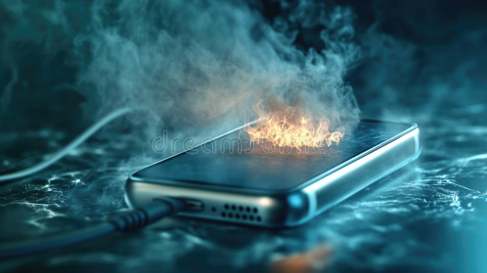 Smartphone Overheating with Flames and Smoke on Charging Device Stock ...