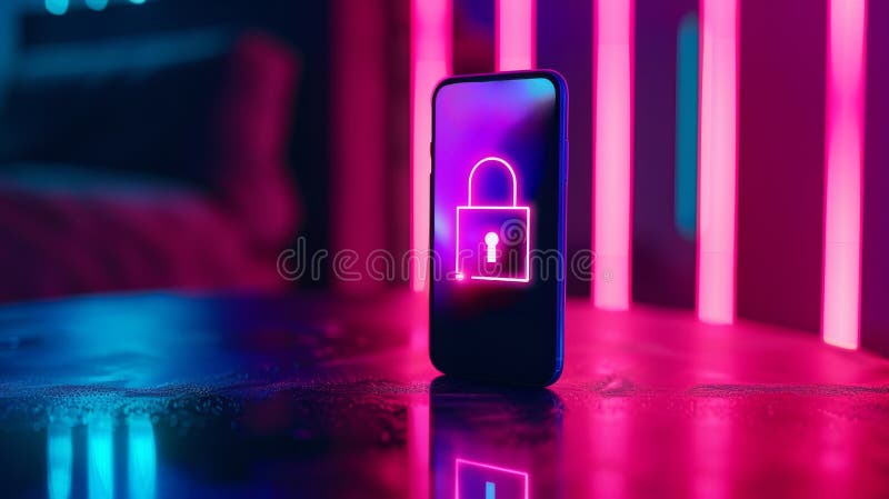 Smartphone with Padlock Icon on Screen, Neon Lights. Cybersecurity and ...