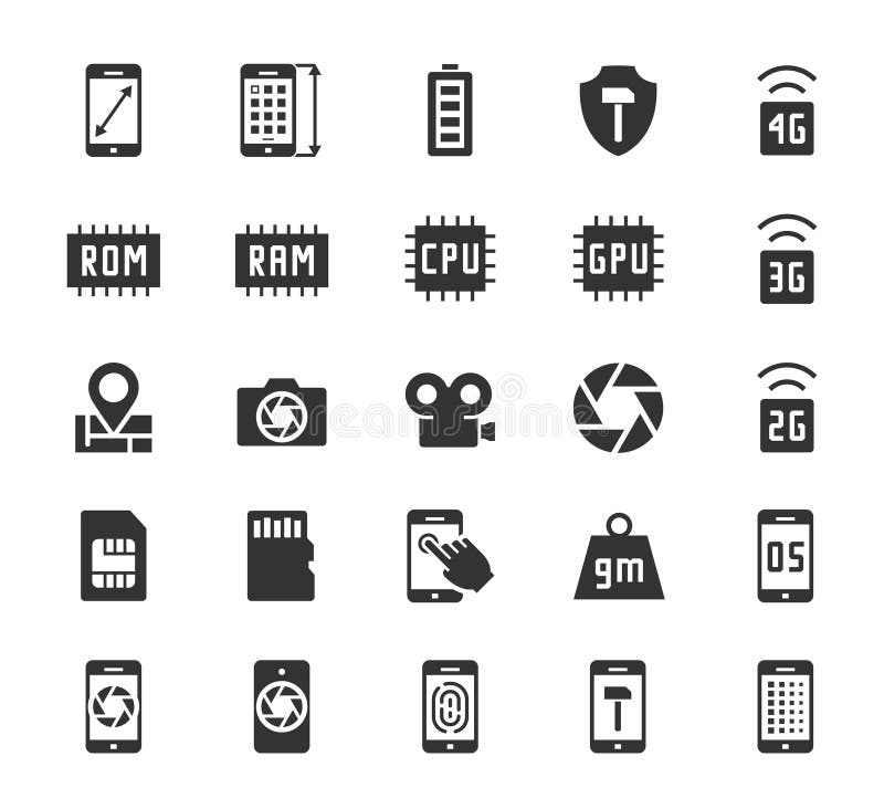 Smartphone Parameters Icon Set: Screen Dimensions, Resolution, ROM and ...