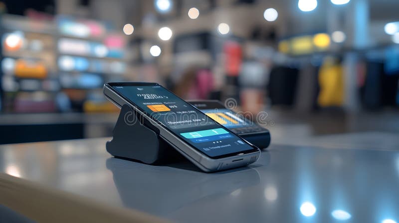 Smartphone and Payment Terminal on Modern Store Counter Stock Photo ...