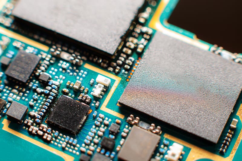 Smartphone PCB and Chips Super Close-up - Very Small SMD Elements Stock ...