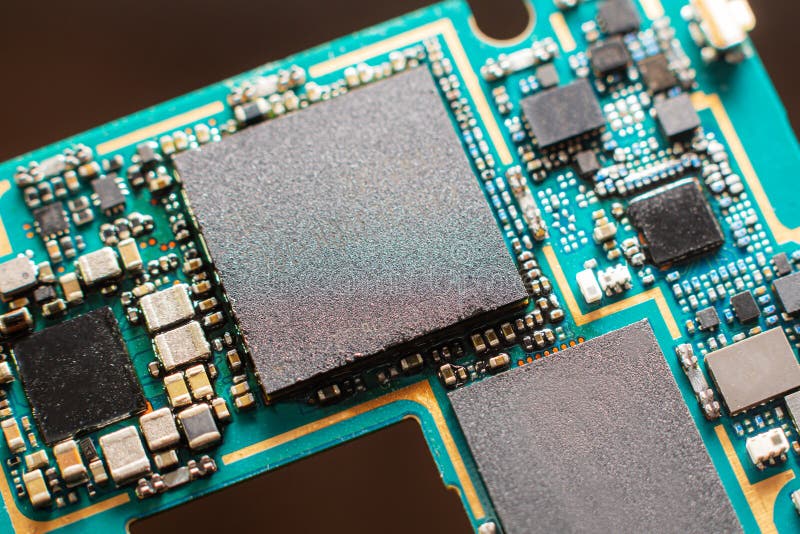 Smartphone PCB and Chips Super Close-up - Very Small SMD Elements Stock ...