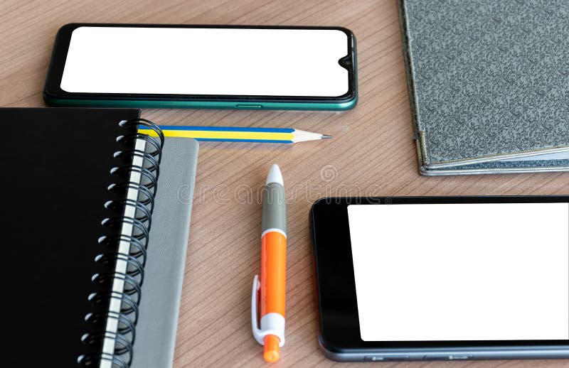 Smartphone, Pen, Pencil, Notebook, File on Table with Clipping Part of ...