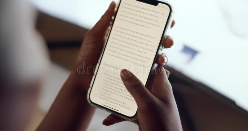 Smartphone, Person Reading Contract and Hands Scroll with Screen Zoom ...