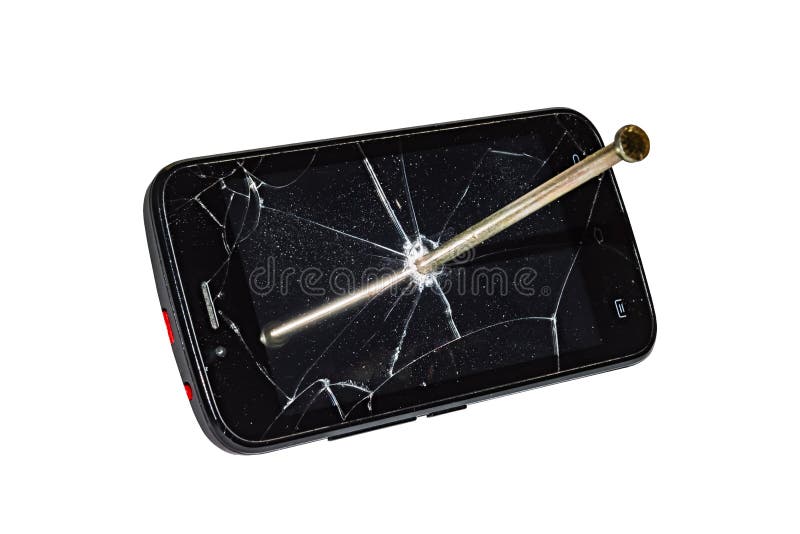 Smartphone Pierced by a Big Nail. Broken Phone. Cracks on the Screen ...